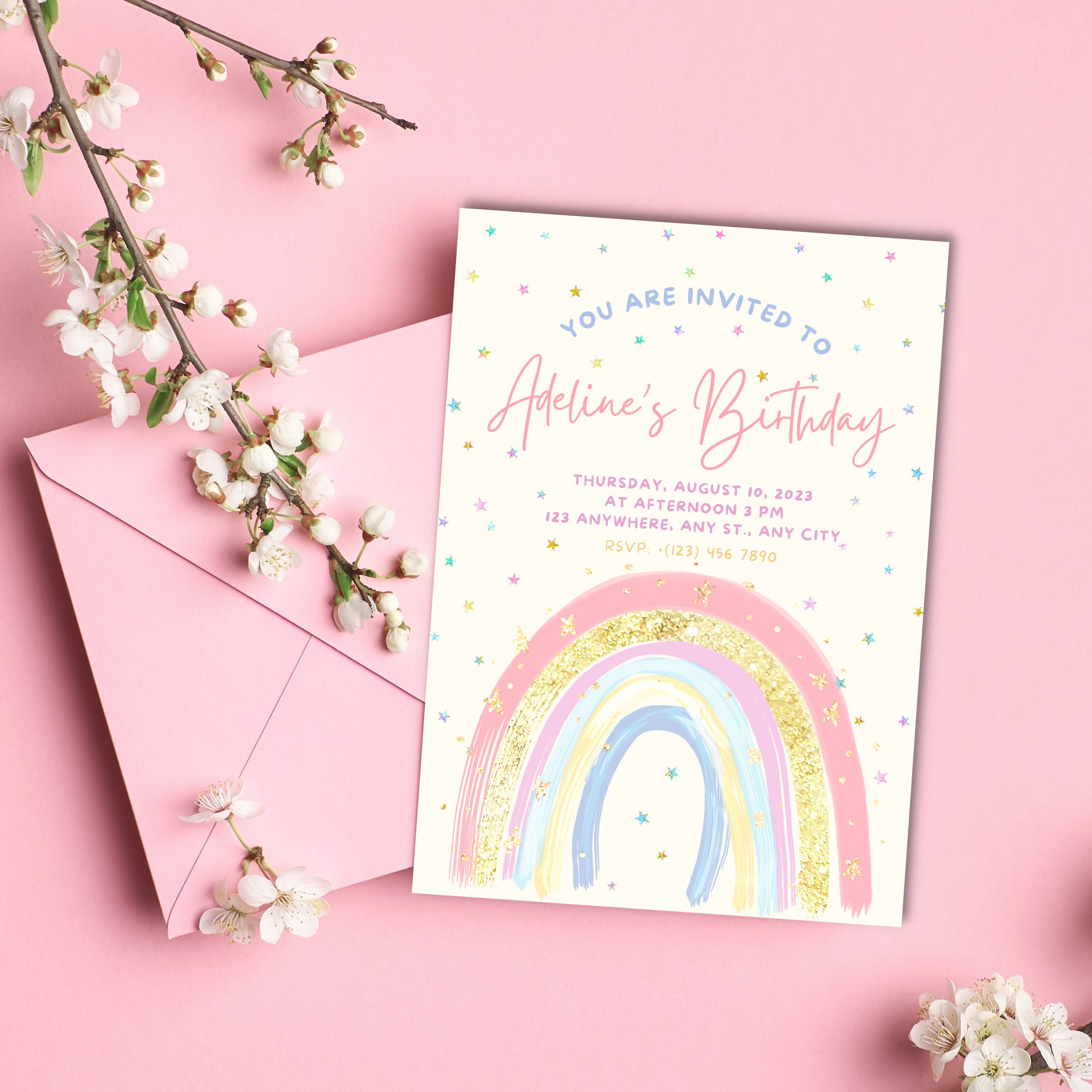Pastel Rainbow Birthday Party Invitation Card Template Editable ...