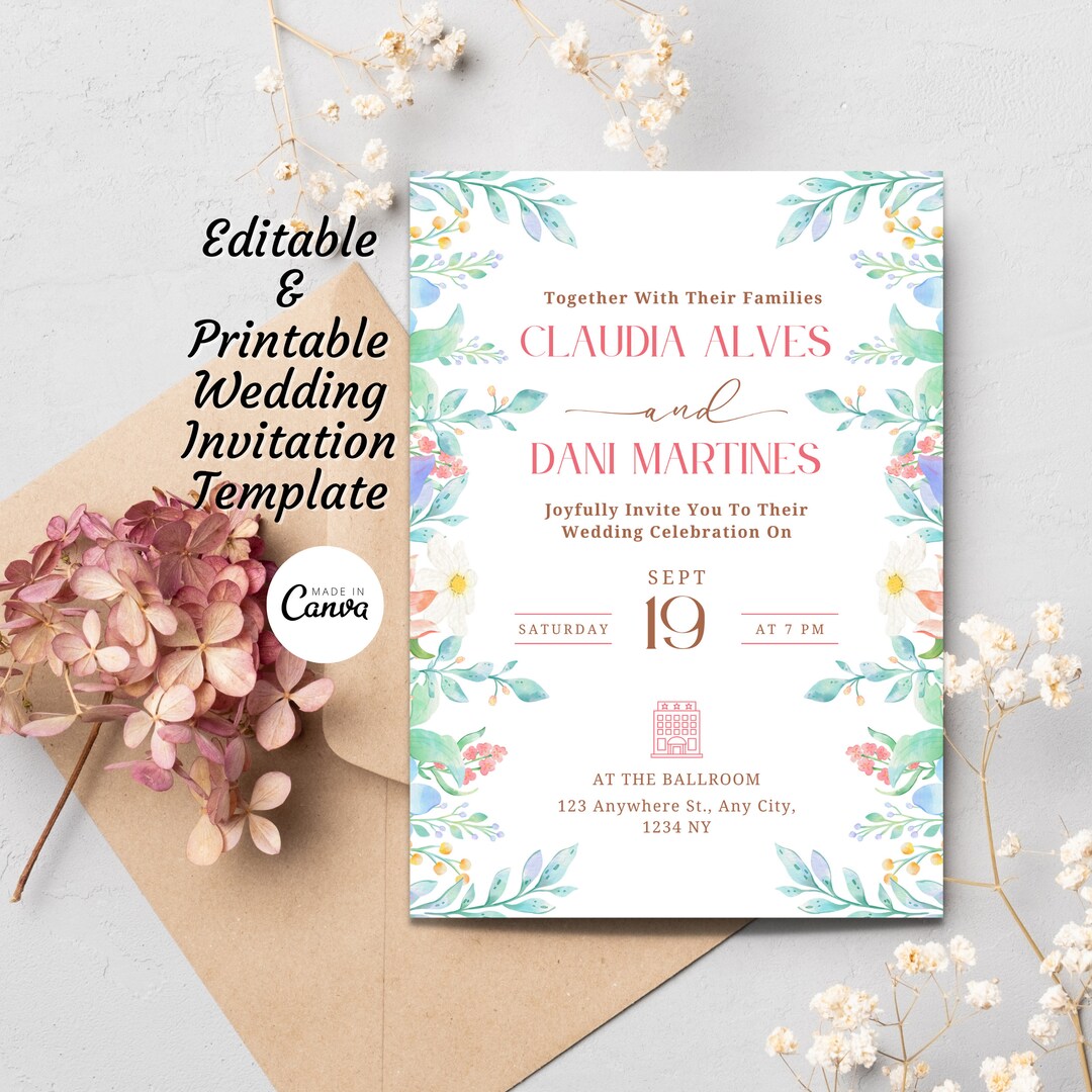 Spring Flowers Wedding Invitation Card Template Editable Printable ...