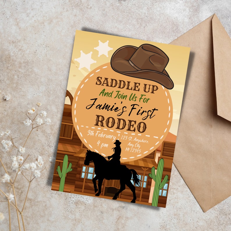 My First Rodeo Birthday Party Invitation Card Template Editable ...