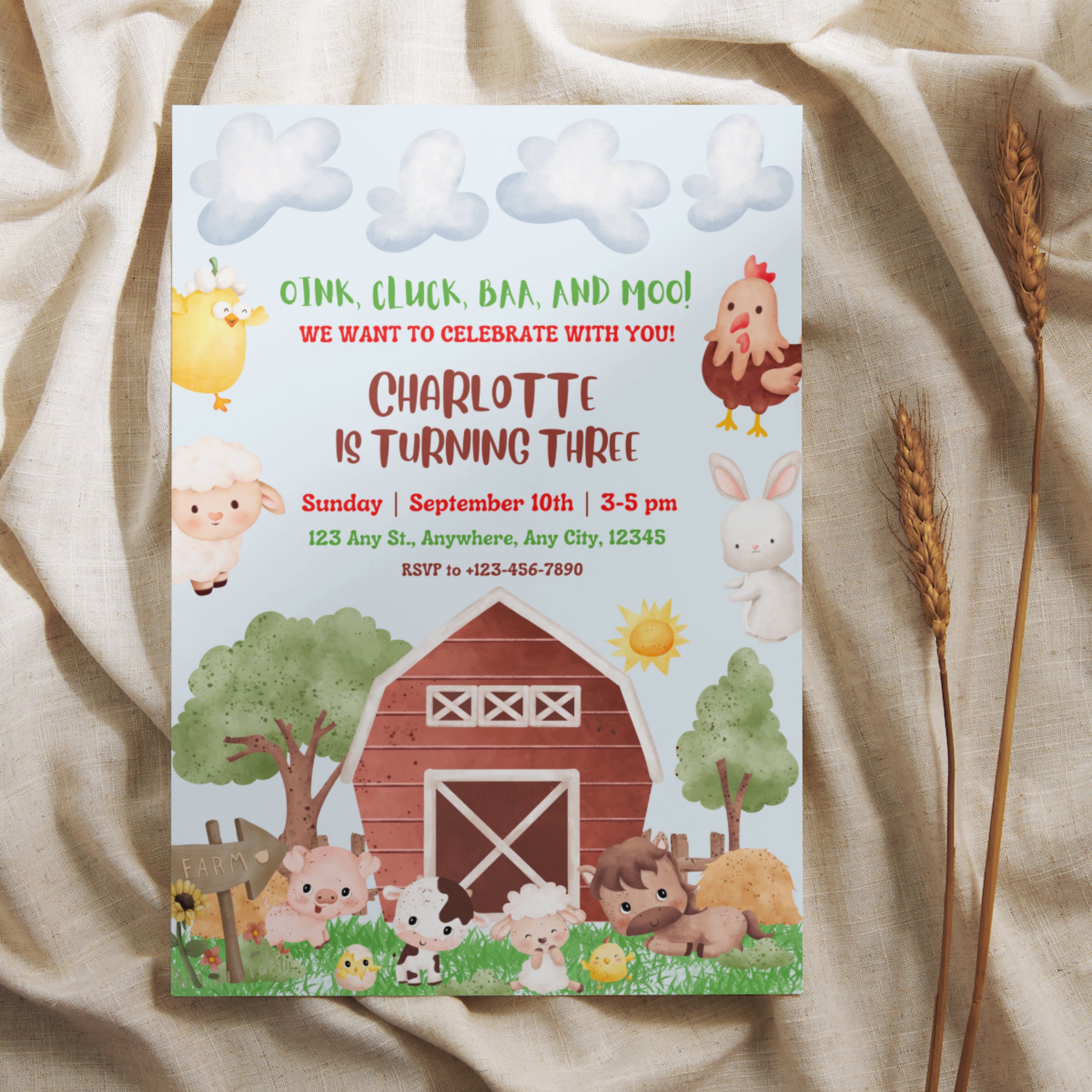 Farm Birthday Party Invitation Card Template Printable, Editable ...