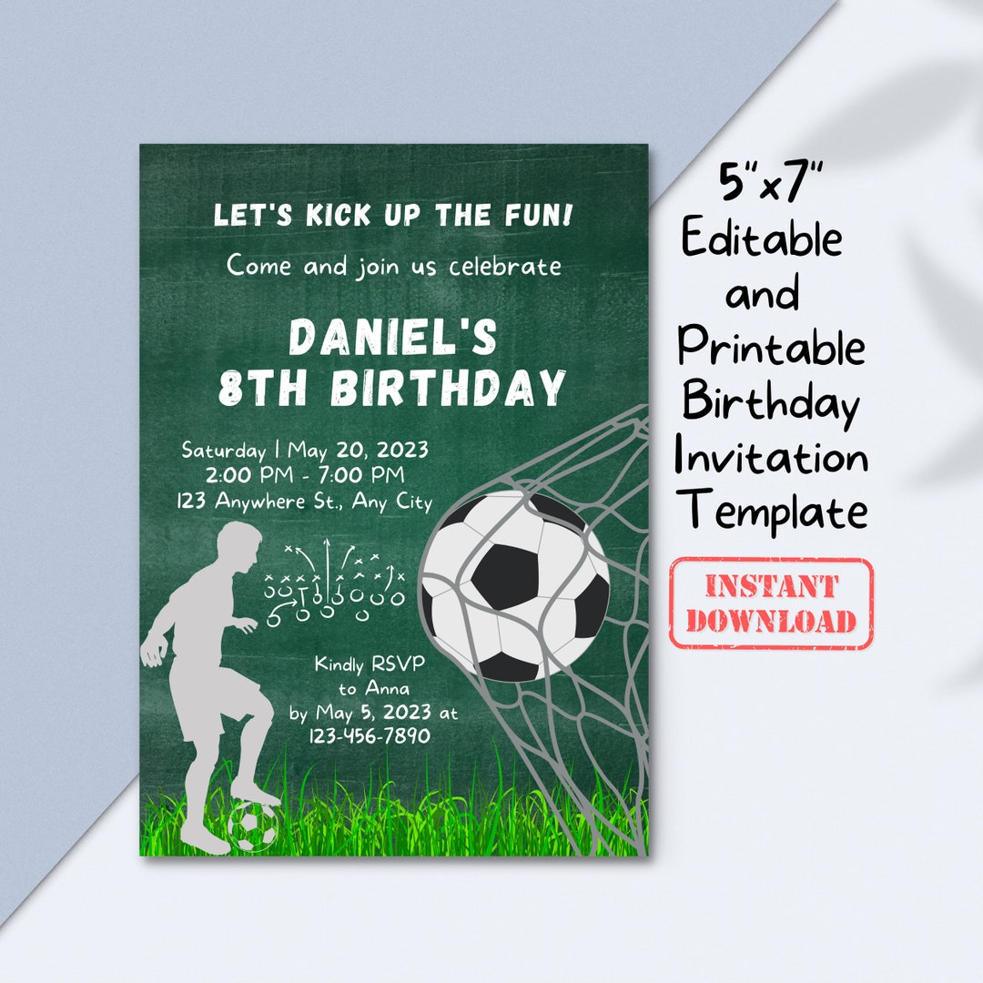 Soccer Birthday Party Invitation Card Template | Editable, Printable ...