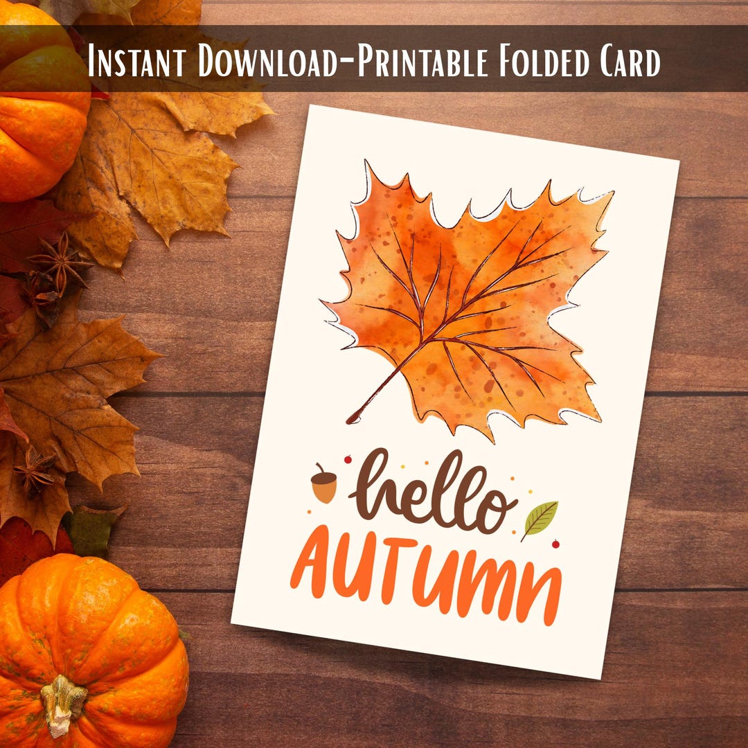 Hello Autumn Greeting Card Printable Hello Folded Blank Fall Gift Card ...