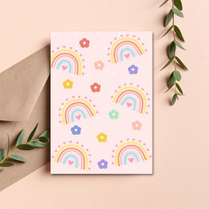 Pastel Colorful Rainbow and Flowers Birthday Party Invitation Card ...