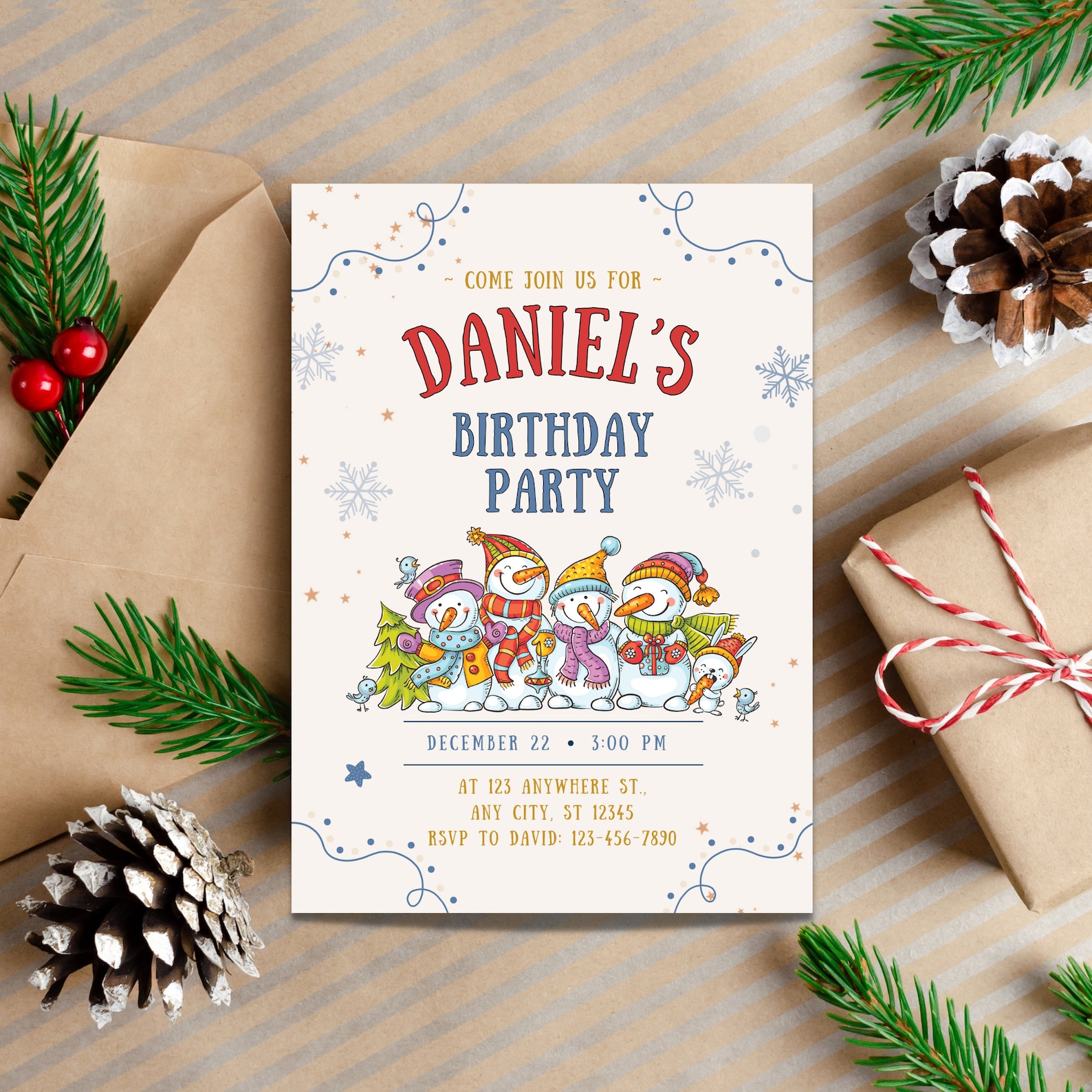 Snowman Birthday Party Invitation Card Template Editable, Printable ...