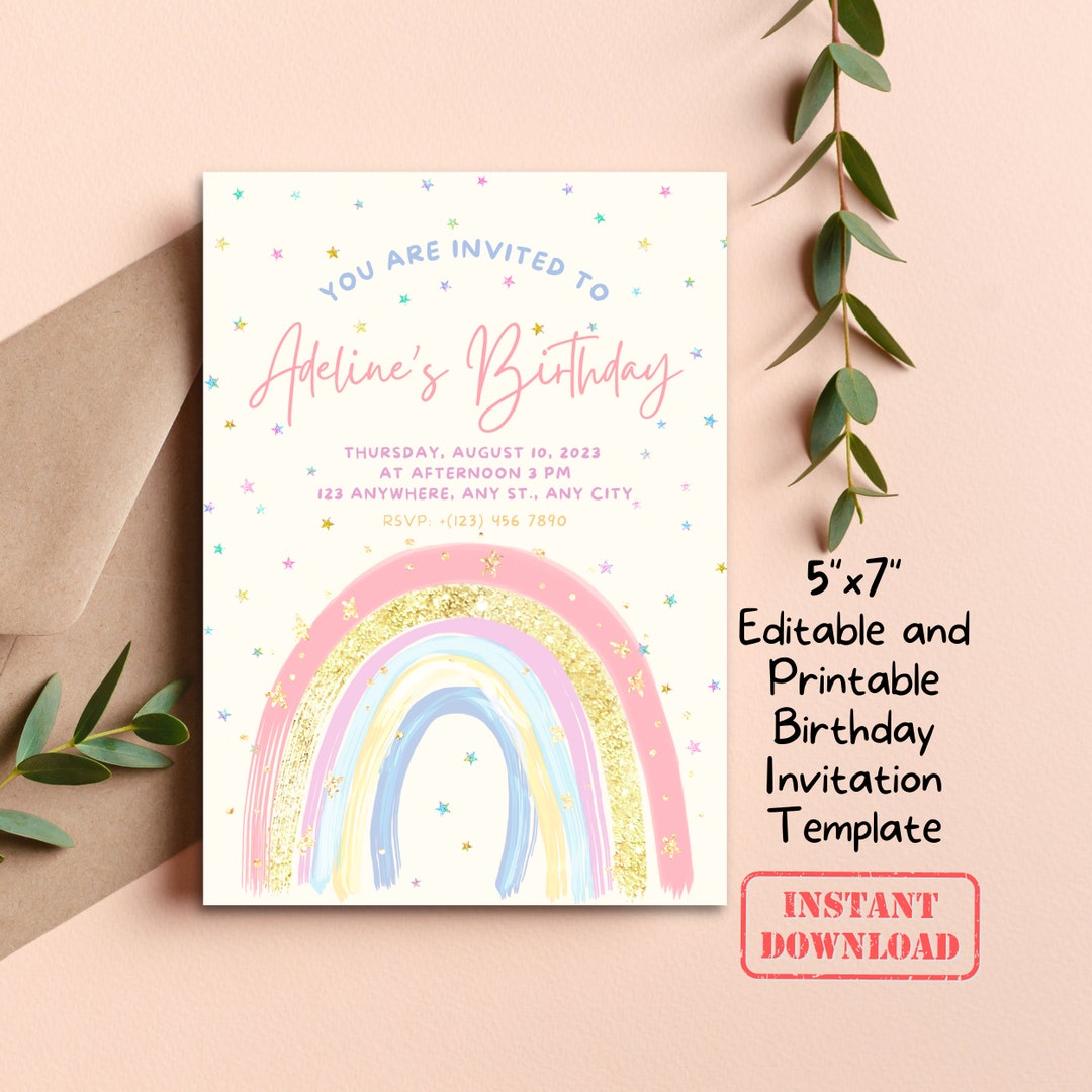 Pastel Rainbow Birthday Party Invitation Card Template Editable ...