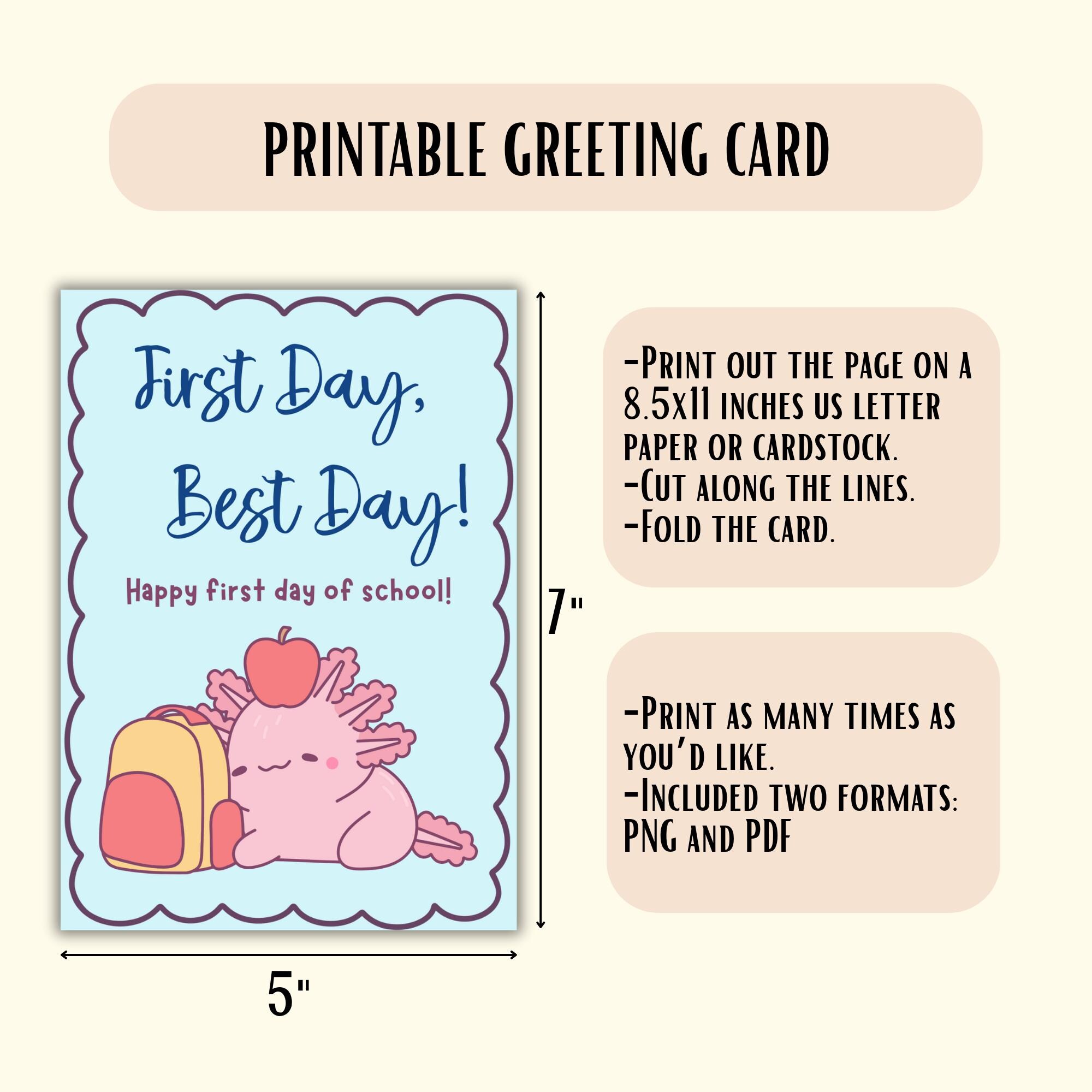 Printable Axolotl Back to School Folded Gift Card Printable First Day ...
