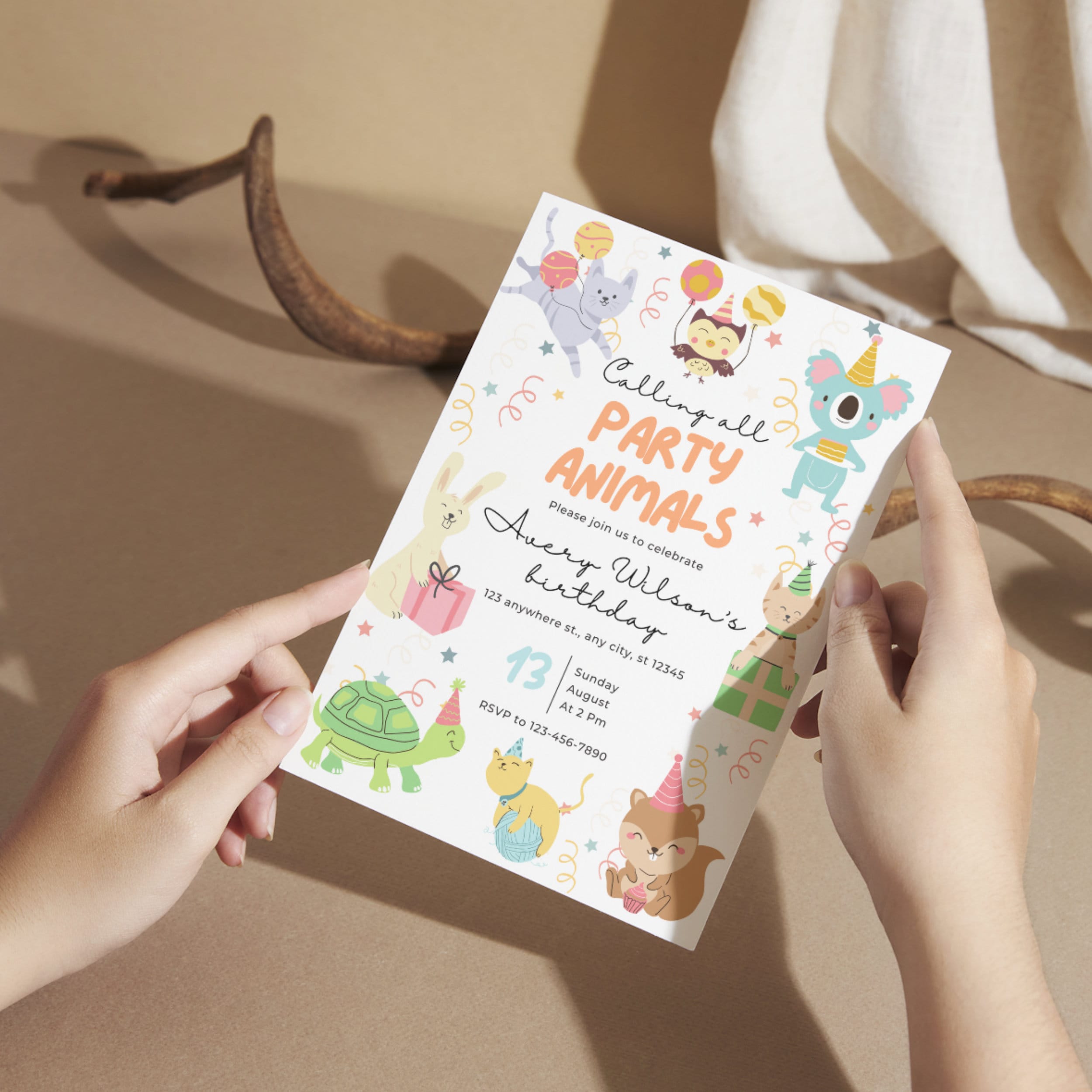 Party Animals Birthday Party Invitation Card Template Editable ...
