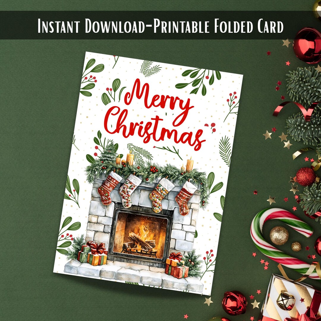 Merry Christmas Cozy Fireplace Folded Greeting Card Printable Digital ...