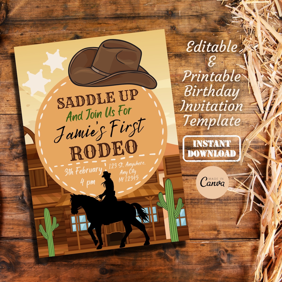 My First Rodeo Birthday Party Invitation Card Template | Editable ...
