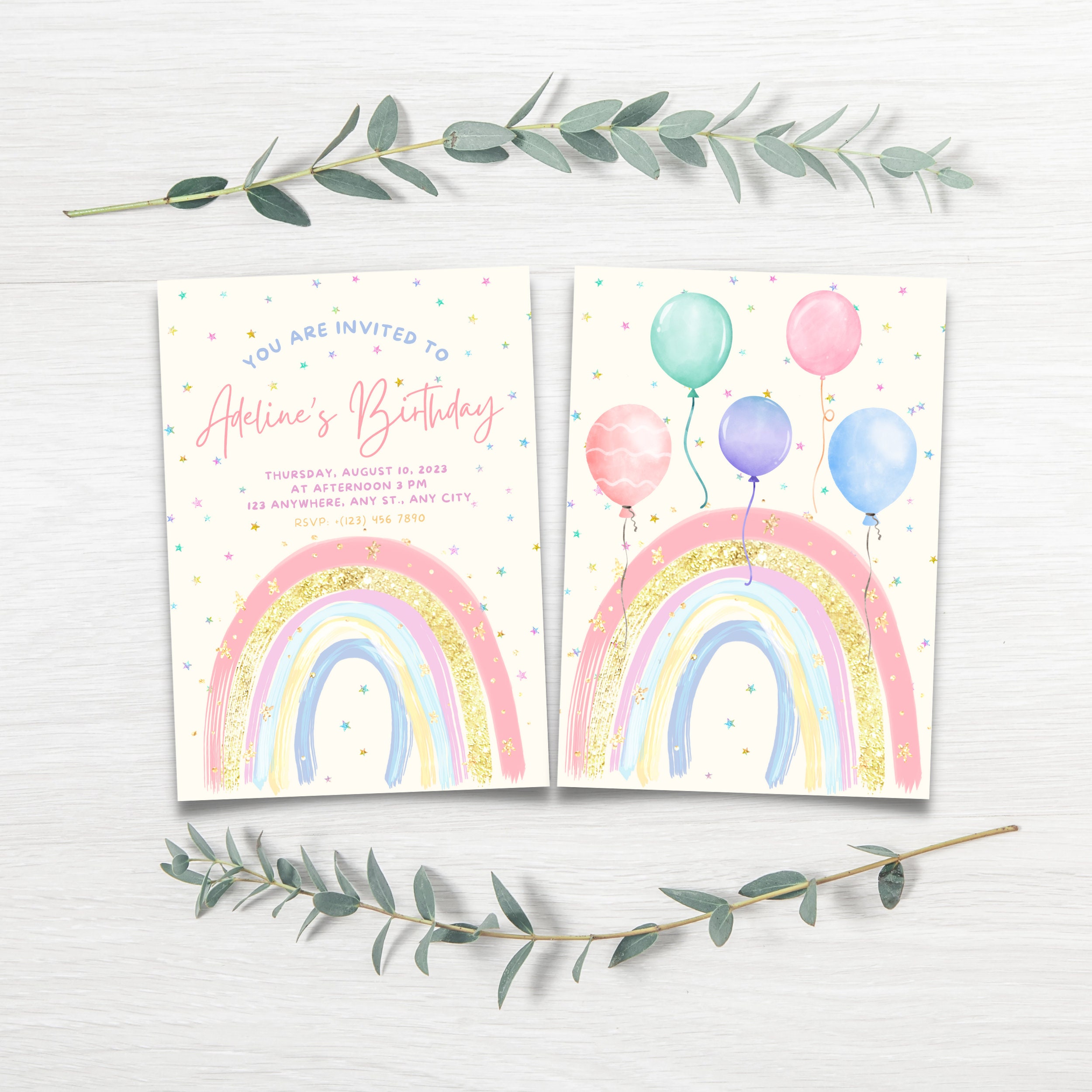 Pastel Rainbow Birthday Party Invitation Card Template Editable ...