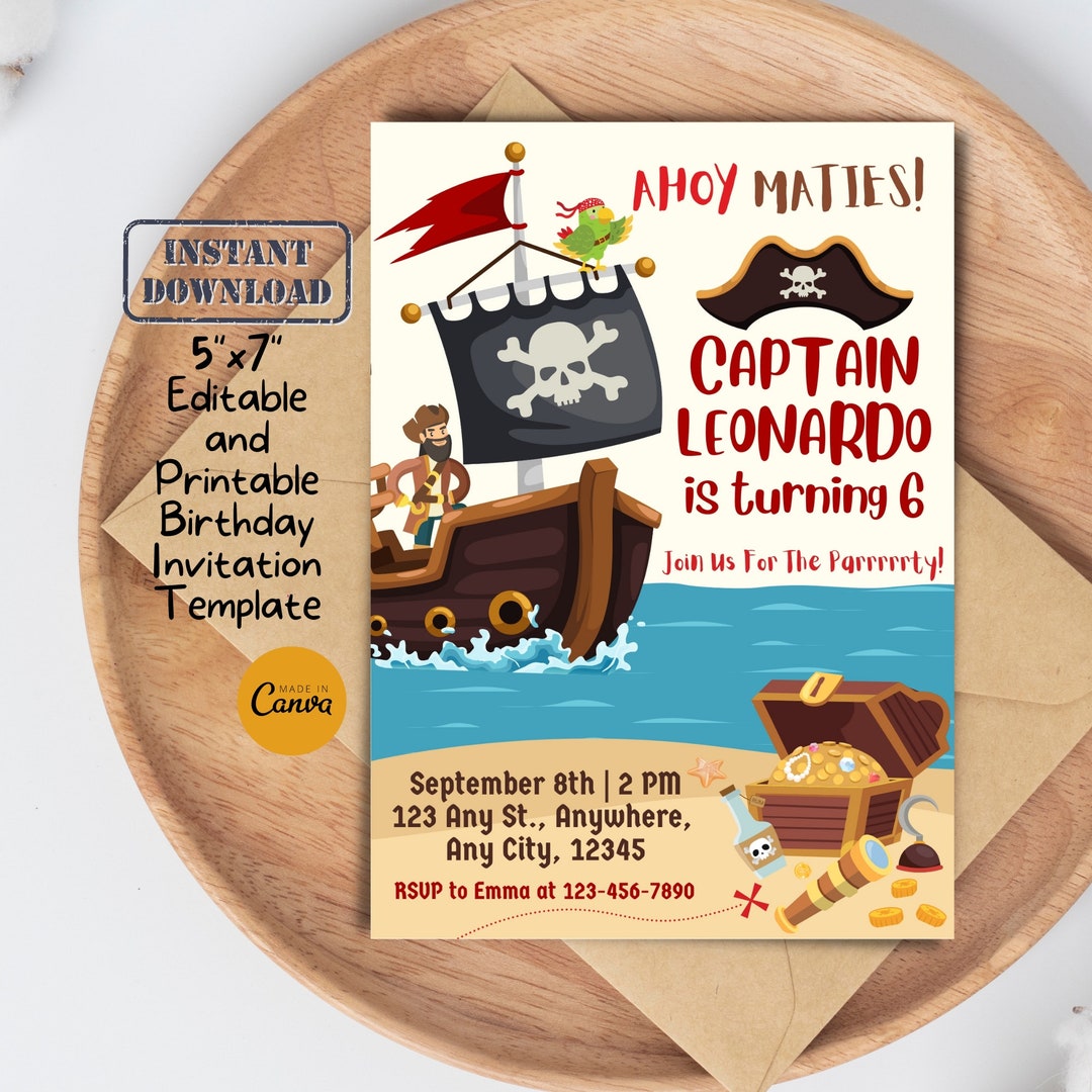 Pirate Birthday Party Invitation Card Template | Editable, Printable ...