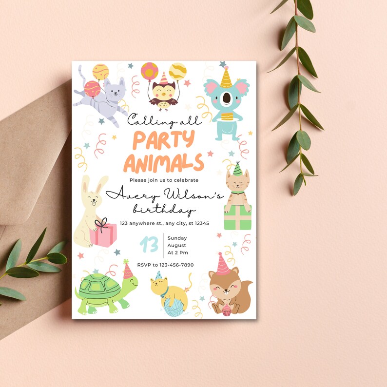 Party Animals Birthday Party Invitation Card Template Editable ...