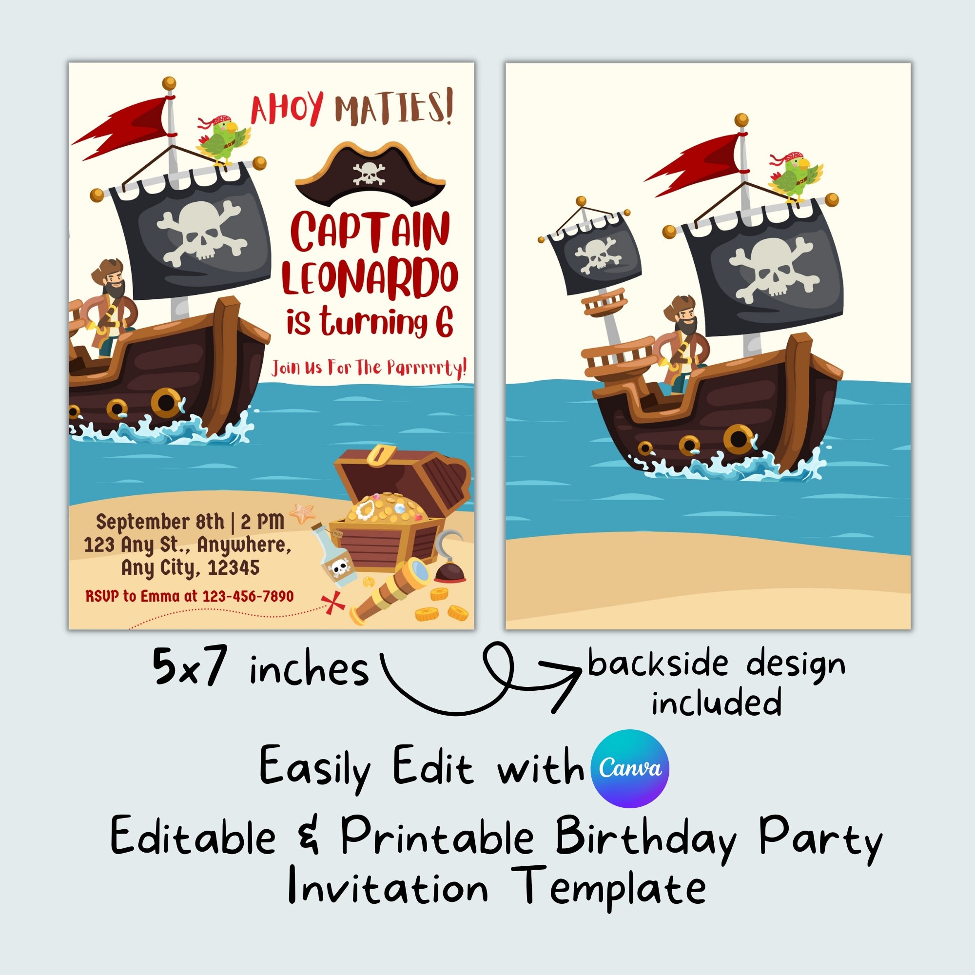 Pirate Birthday Party Invitation Card Template Editable, Printable ...