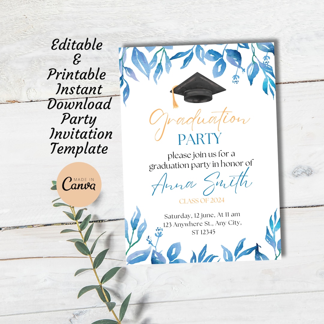 Blue Floral Graduation Party Invitation Template (digital Download) - Etsy