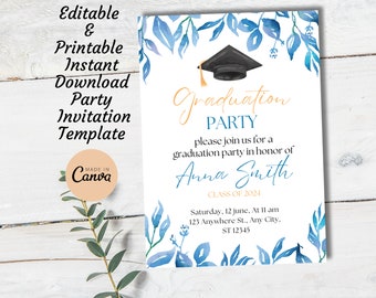 EDITABLE, Blue Floral Graduation Party Invitation - Etsy