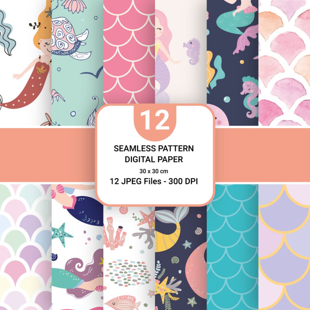 12 Mermaid Digital Patterns, Digital Mermaid Paper, Seamless Digital ...