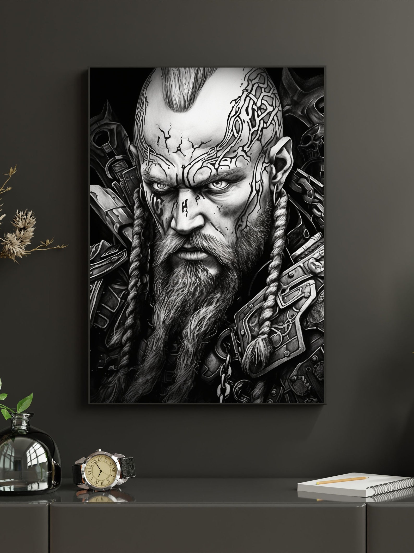Viking Portrait, Realistic Black and White Viking Warrior Print, Norse ...