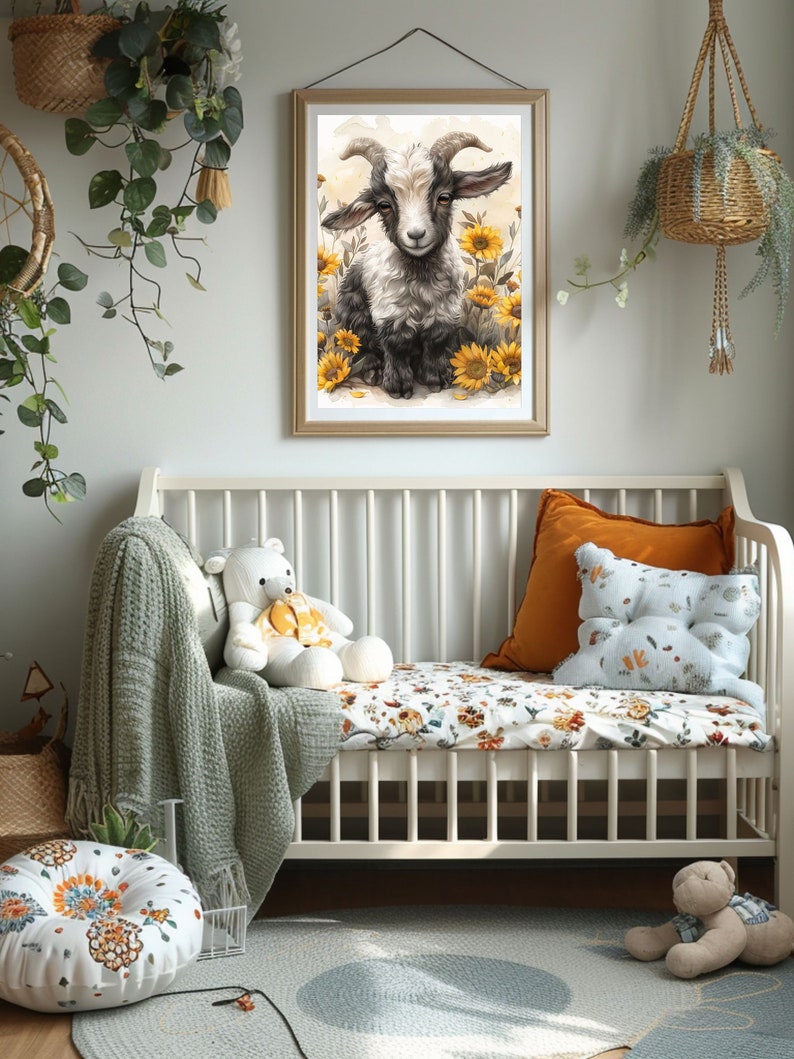 Nursery Prints, Cute Baby Goat, Children Gift, Bright Coloured ...