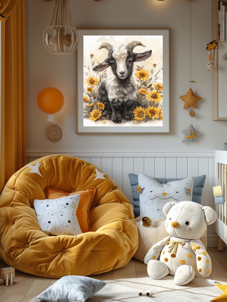 Nursery Prints, Cute Baby Goat, Children Gift, Bright Coloured ...