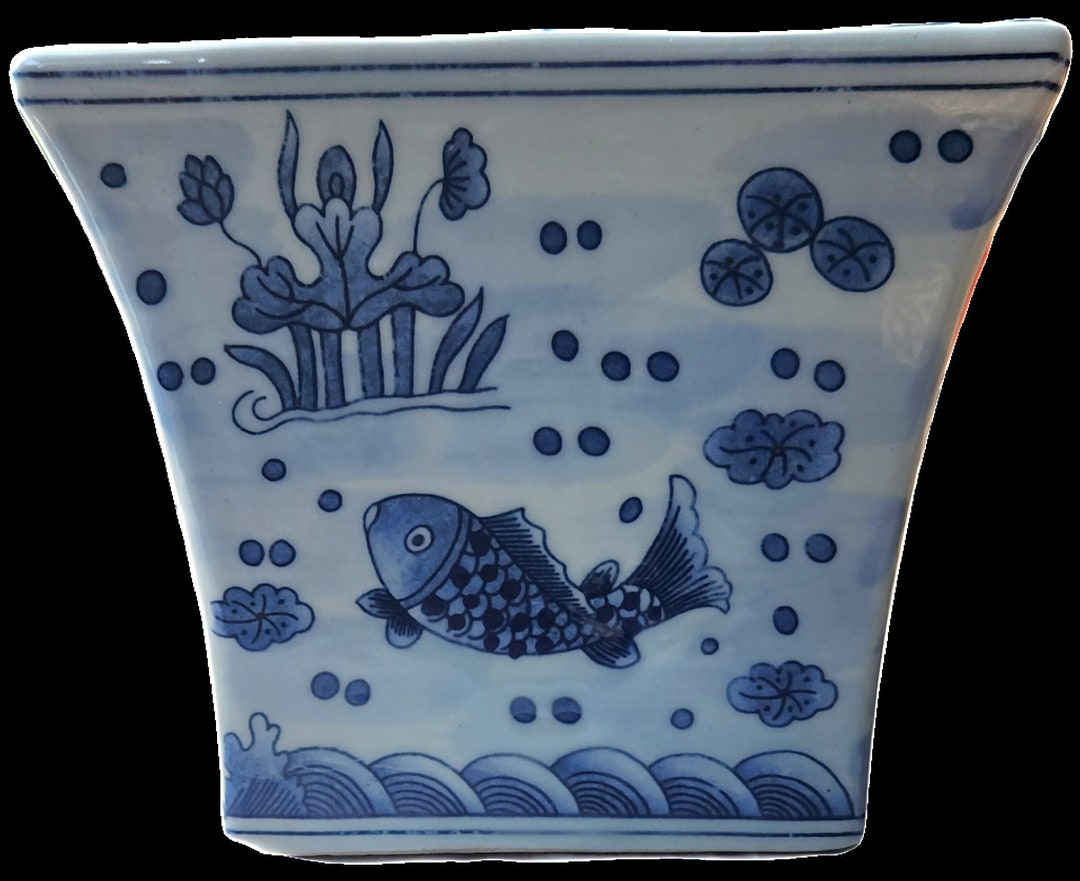 Chinoiserie Blue and White Porcelain Fish Planter Cachepot - Etsy