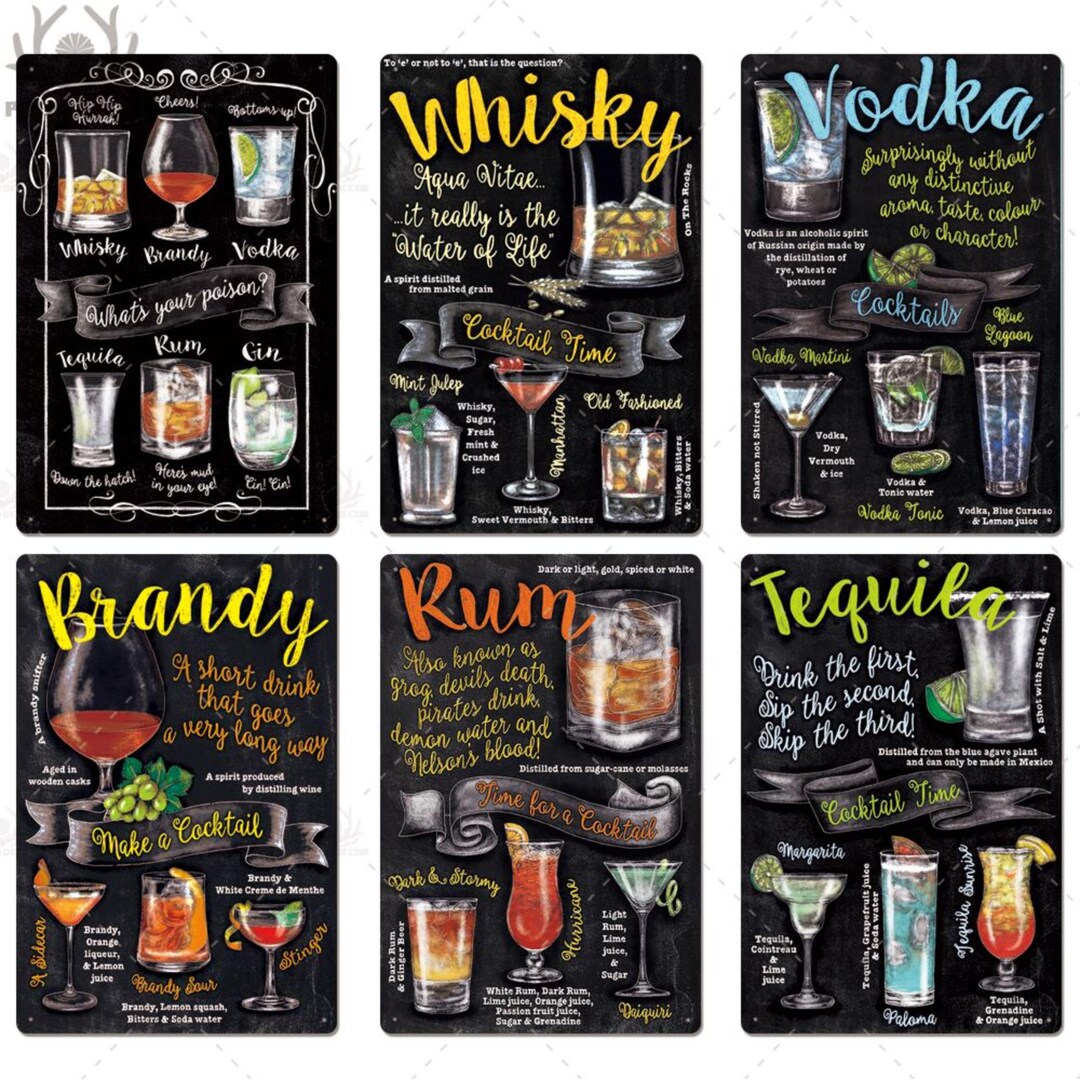 Classic Whiskey Brandy Rum Cocktails Recipes Tin Signs Plaque Metal ...