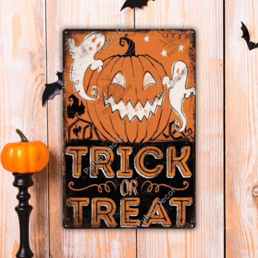 Trick or Treat Jack O'lantern Halloween Metal Tin Sign Plaque Fall Home ...
