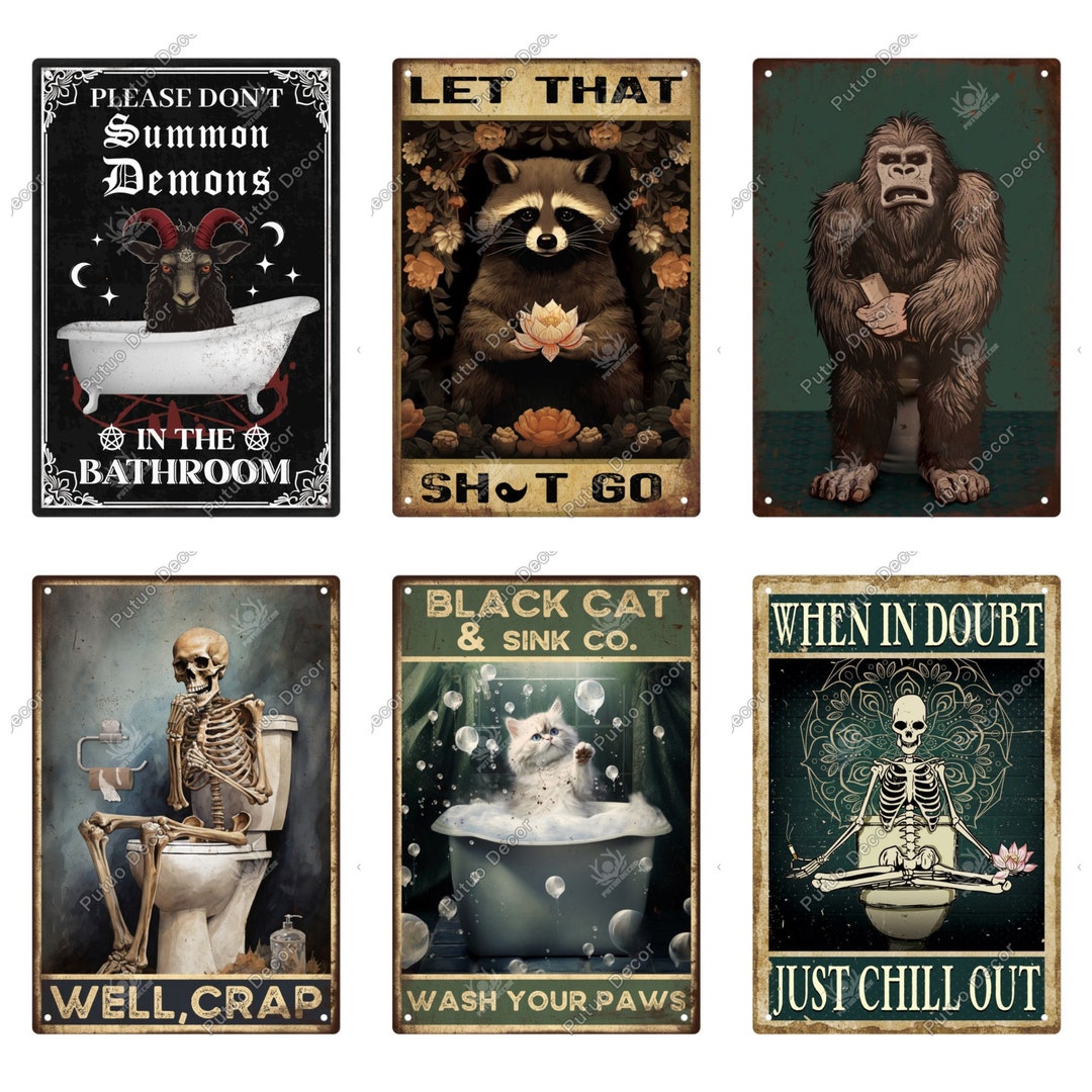 WC Toilet Funny Animals Restroom Retro Tin Sign Vintage Bathroom Plaque ...