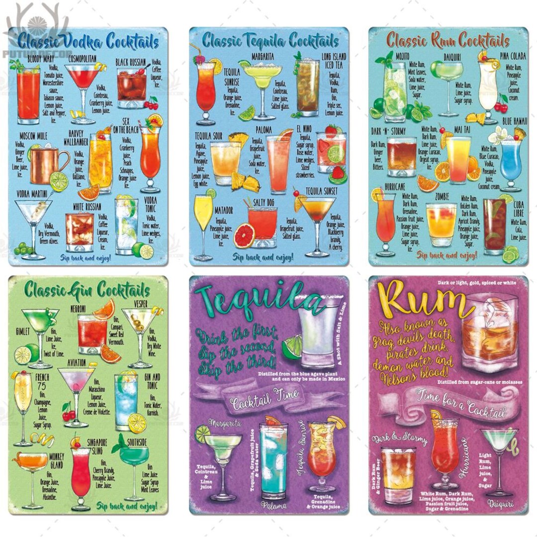 Classic Tequila Rum Gin Cocktails Recipes Tin Signs Plaque Metal ...