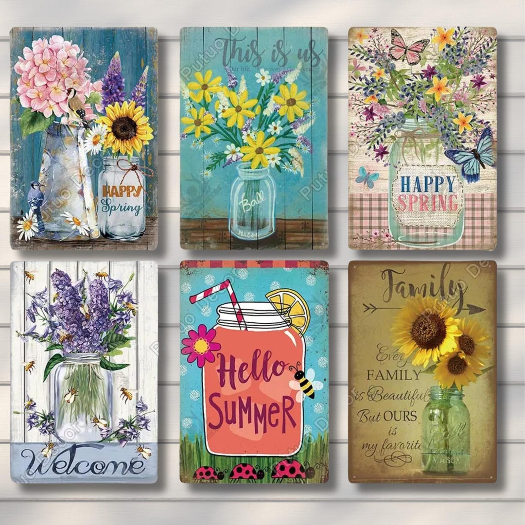 Happy Spring Vintage Tin Sign Retro Metal Poster Shabby Chic Wall Decor ...