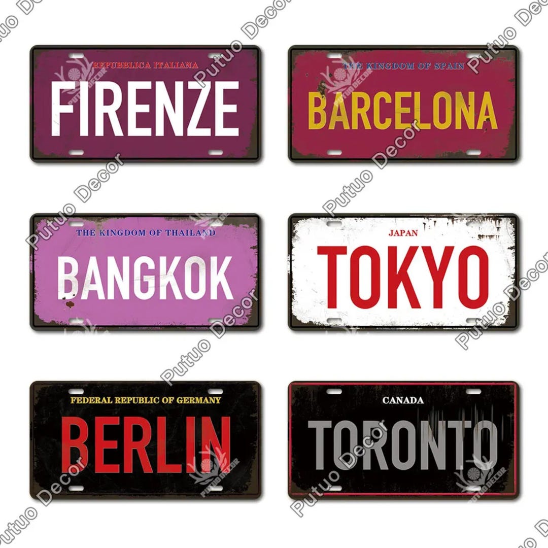 World Cities License Plates Vintage Metal Tin Signs Firenze Barcelona ...