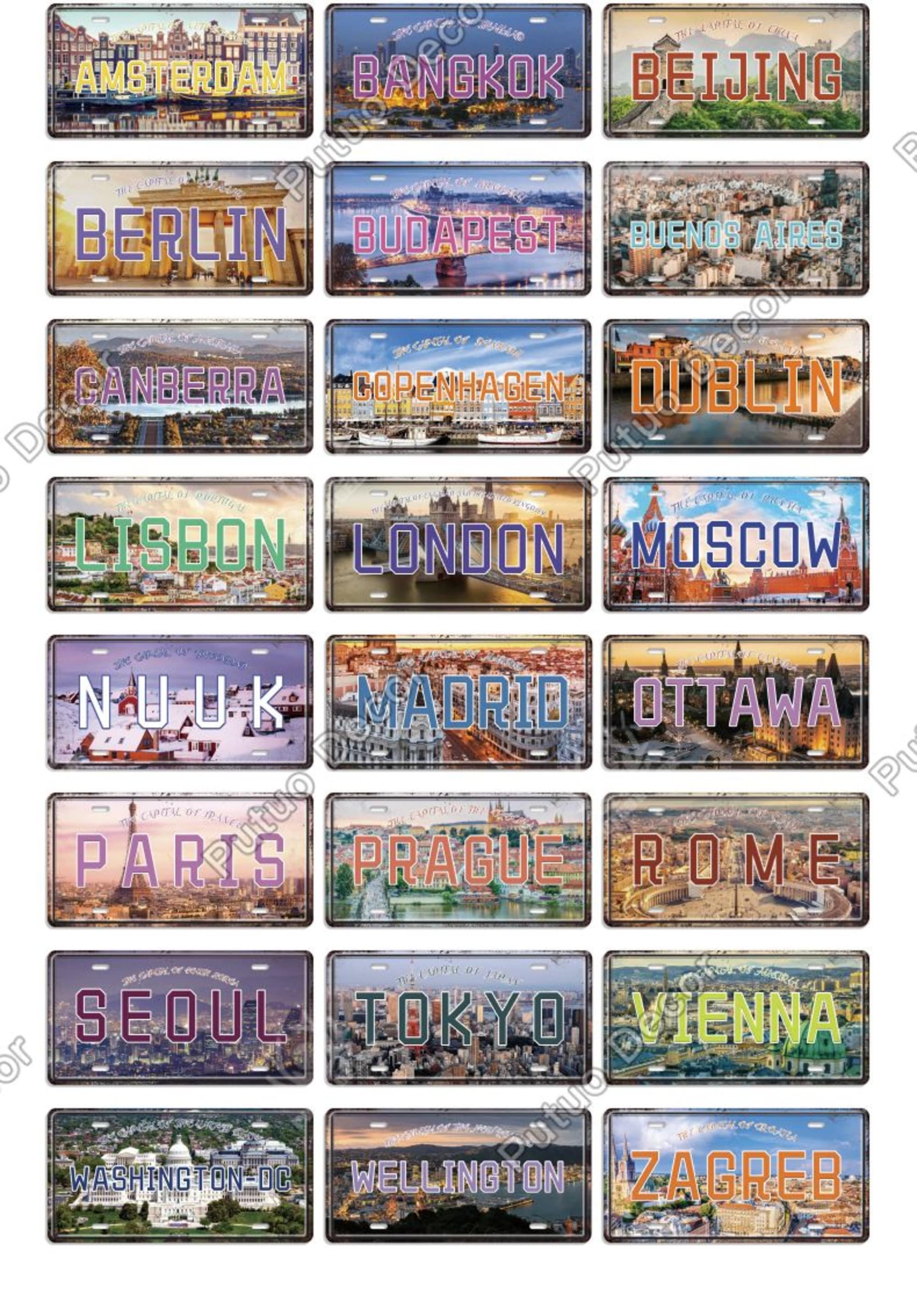 Countries Capital Cities License Plates Metal Sign Plaque Vintage Tin ...
