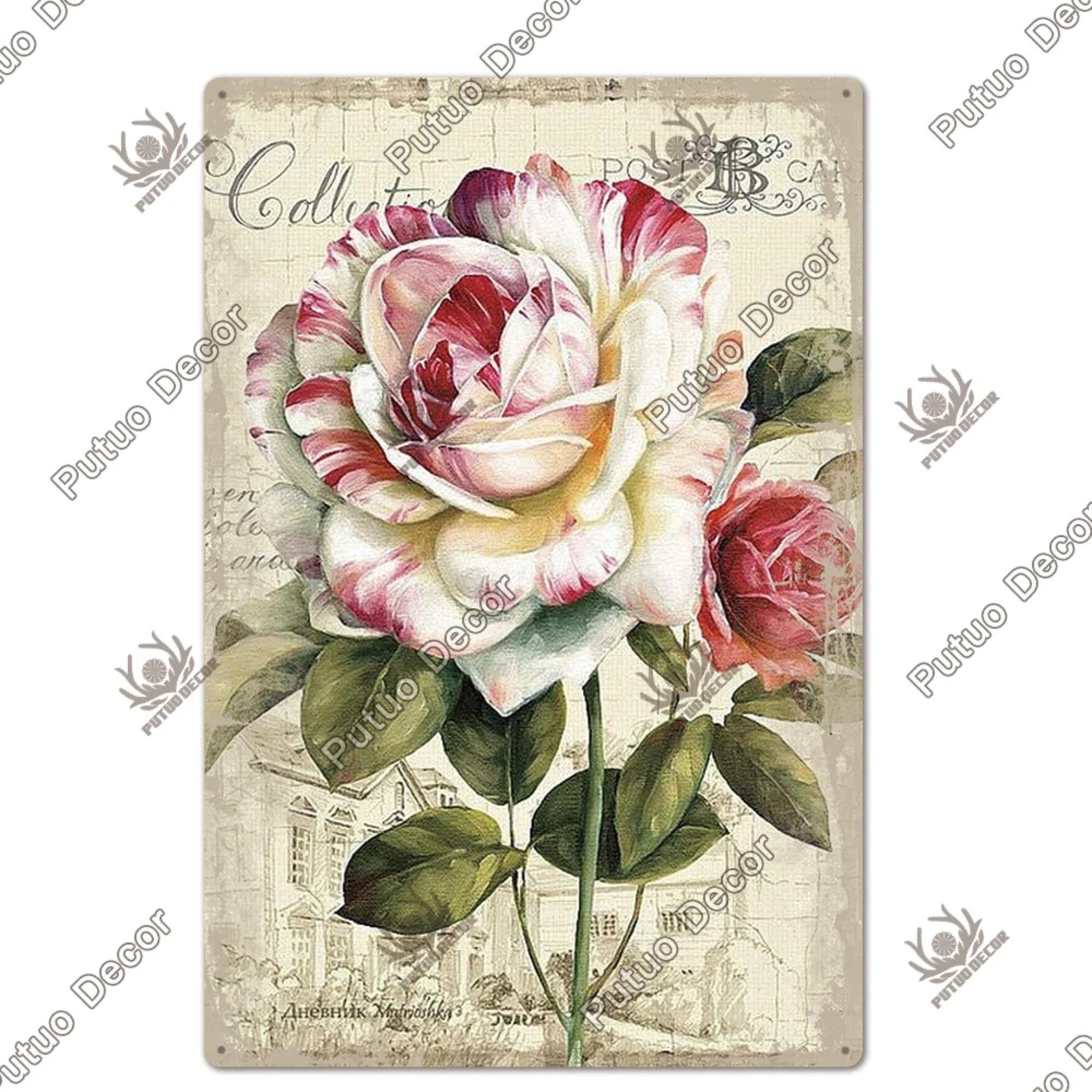 Flowers Vintage Tin Sign Retro Metal Poster Shabby Chic Wall Decor for ...