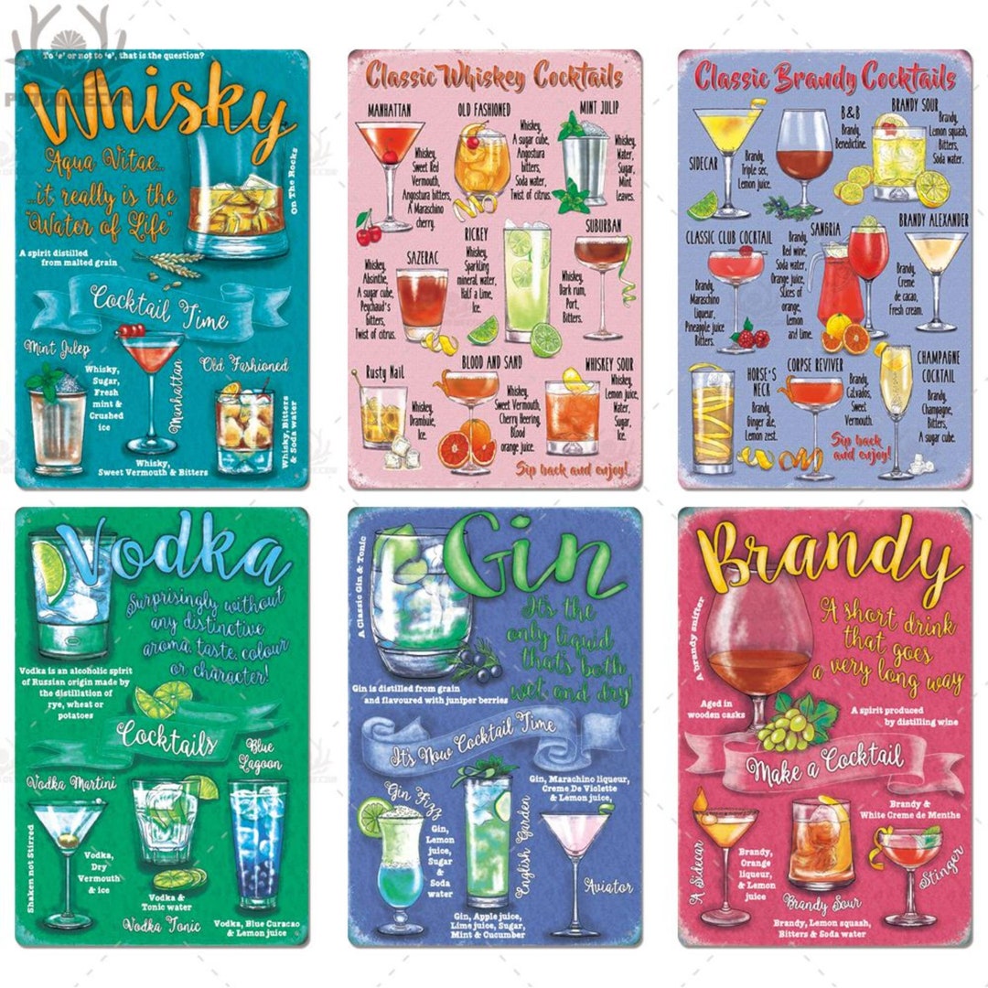 Classic Whiskey Brandy Cocktails Recipes Tin Signs Plaque Metal Vintage ...