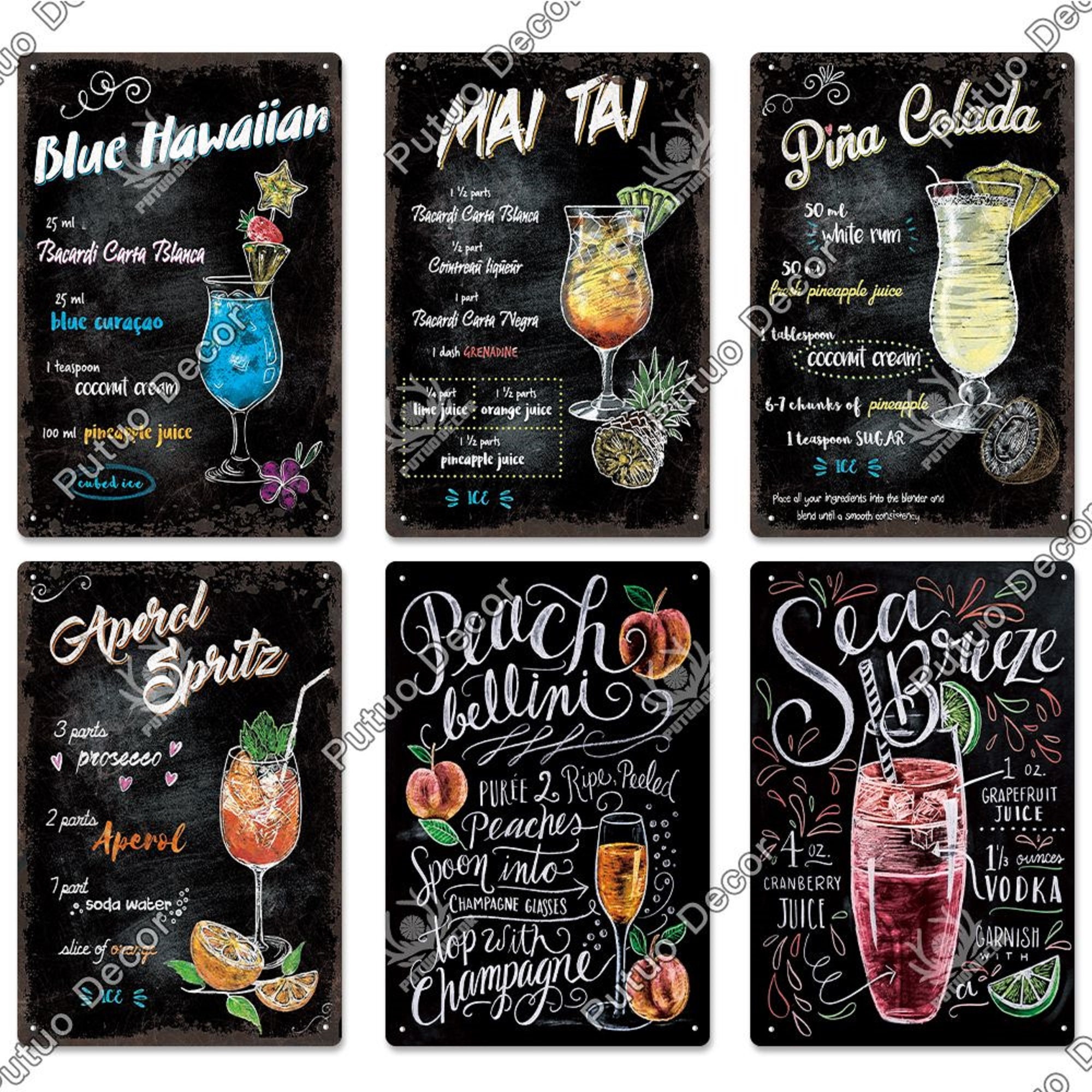 Vintage Style Cocktail Recipes Tin Sign Bar, Pub, Man Cave Wall Art ...