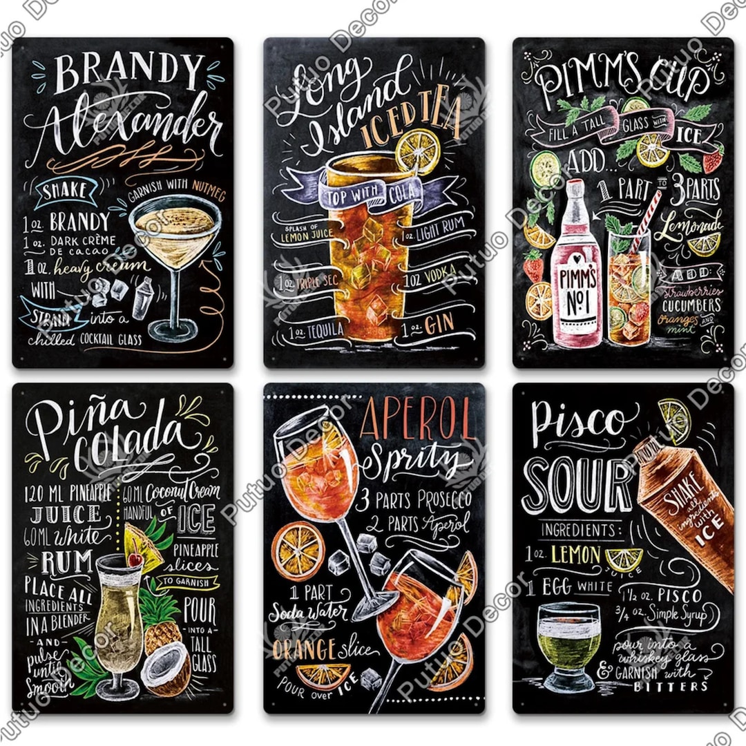 Classic Cocktail Recipes Metal Signs Brandy Alexander Long Island Iced ...