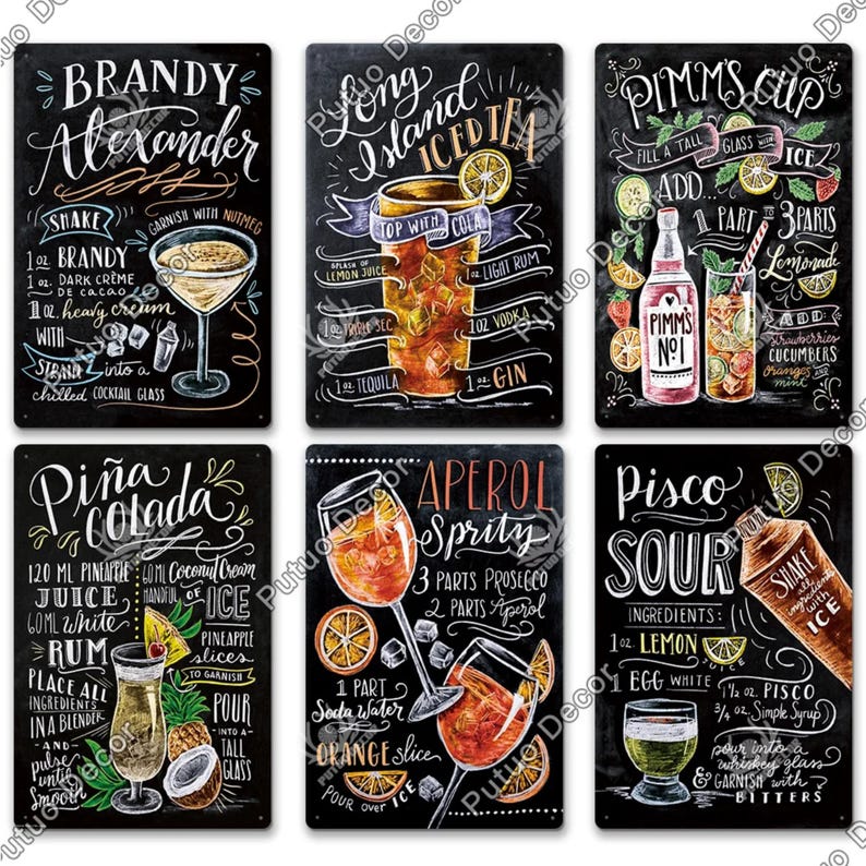 Classic Cocktail Recipes Metal Signs Brandy Alexander Long Island Iced ...