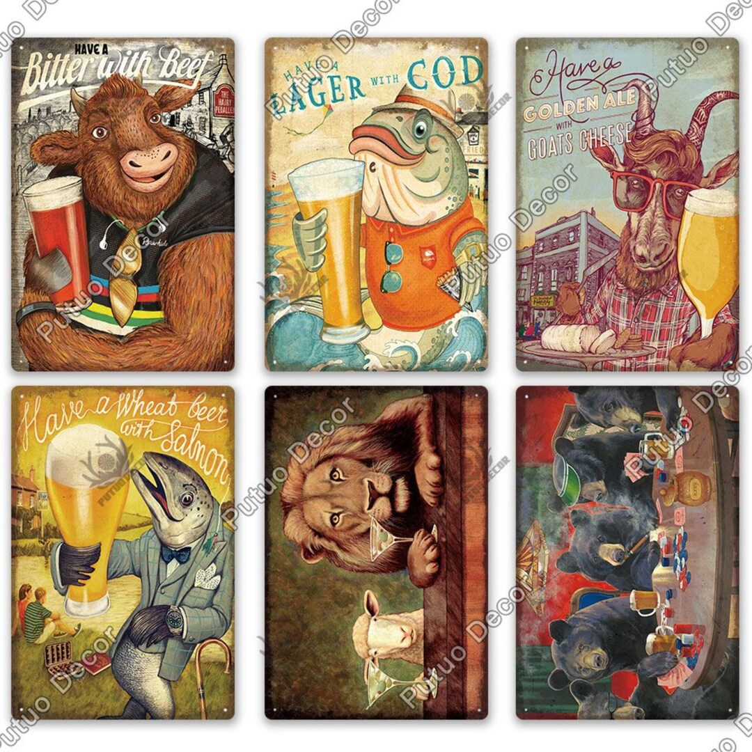 Animal Beer Drink Lover Vintage Metal Tin Sign Decorative Wall Plaque ...