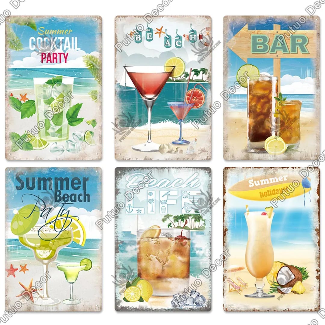 Vintage Summer Cocktail Party Metal Signs Summer Beach Party Bar Beach ...