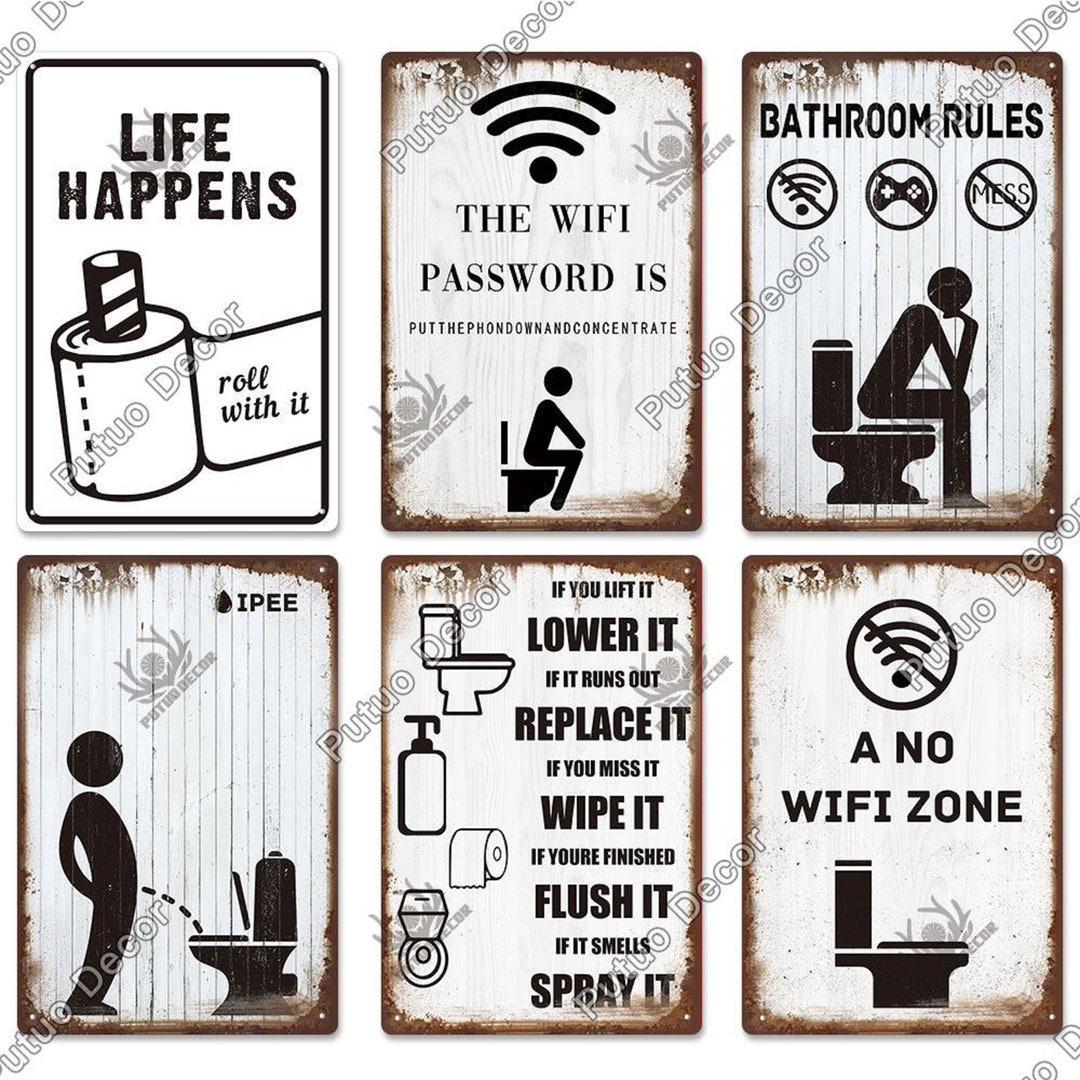 Funny Restroom Rules Wifi Tin Signs Vintage Style Bathroom Plaque Metal ...