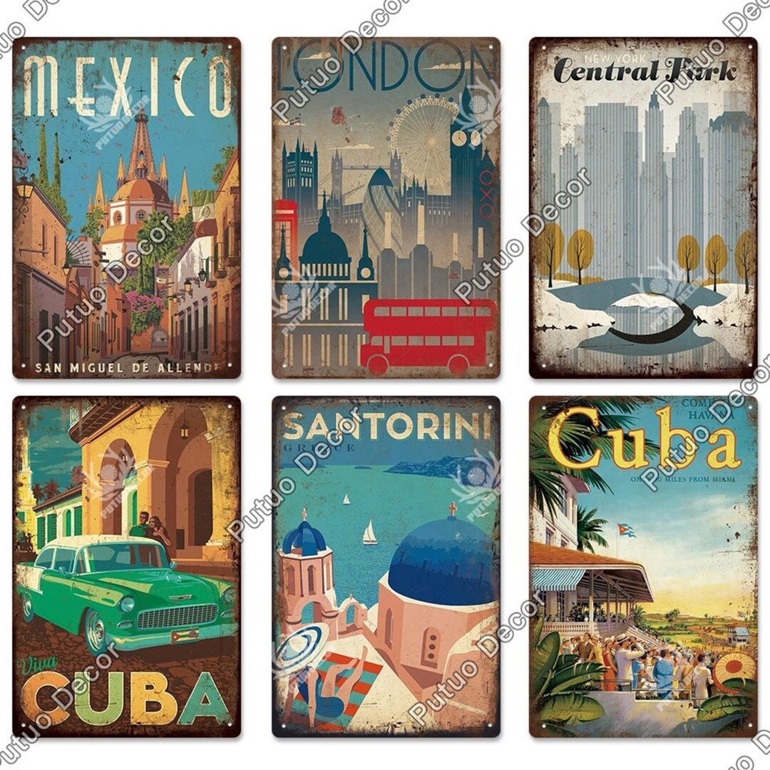World Travel Destinations Countries Tin Sign Plaque Metal Plate Vintage ...