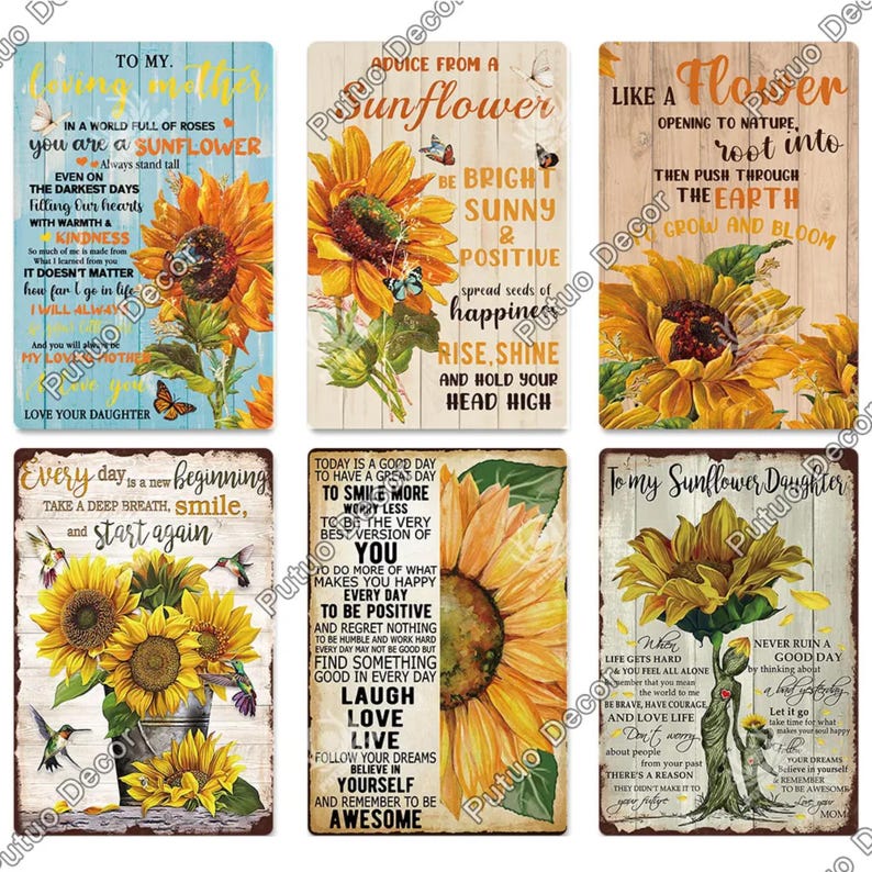 Sunflowers Vintage Tin Sign Retro Metal Poster Shabby Chic Wall Decor ...