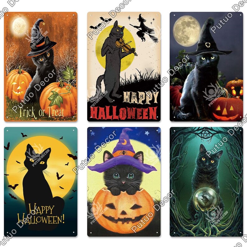 Bite People Hail Satan Halloween Metal Tin Sign Black Cat Plaque Wall ...