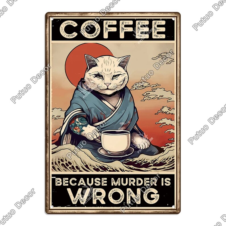 Funny Cat Dog Drink Tea Coffee Metal Tin Sign Retro Style Home Wall ...