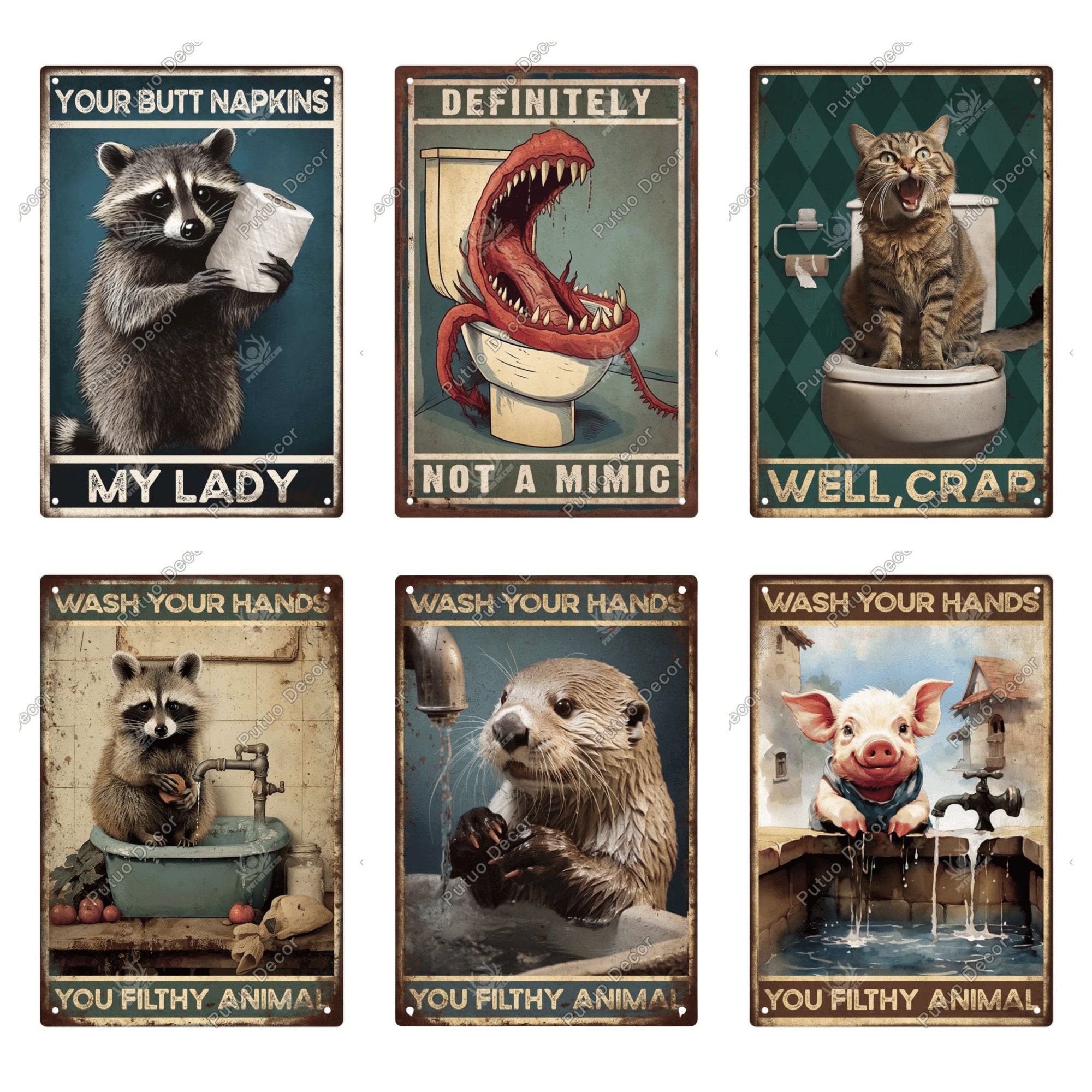 WC Toilet Funny Animals Restroom Retro Tin Sign Vintage Bathroom Plaque ...