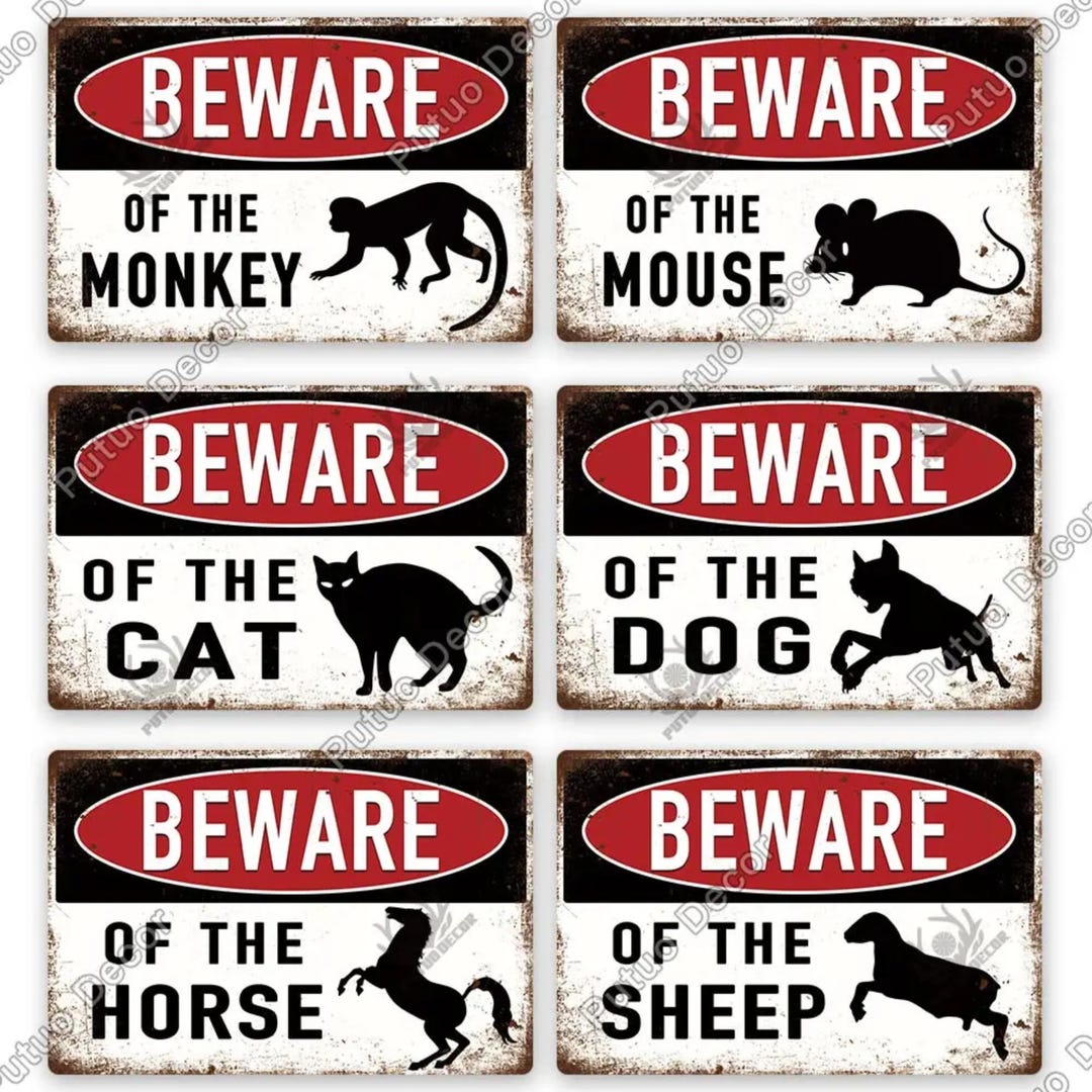 Beware Animals Metal Tin Sign Vintage Warning Danger Rusted Plate Wall ...