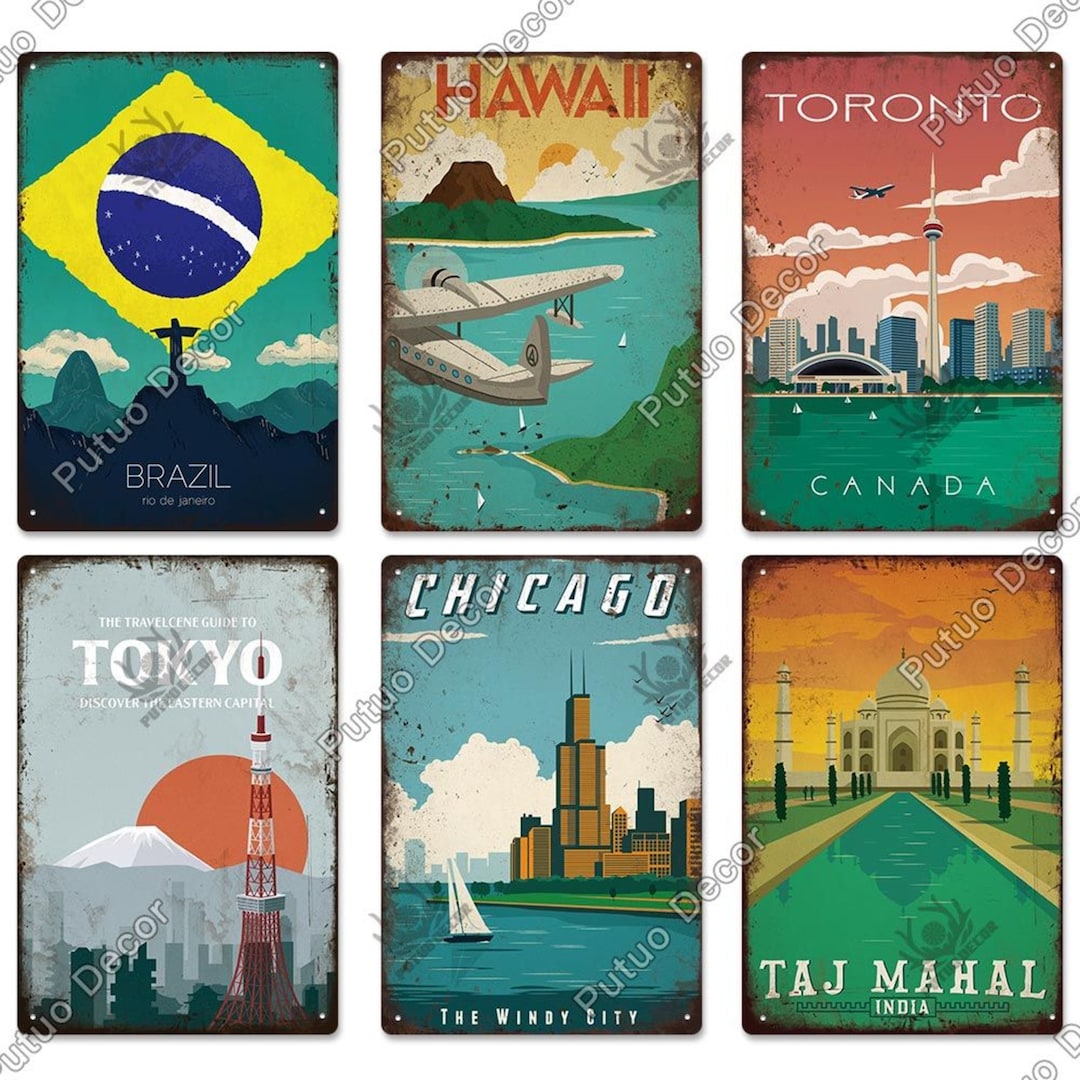 World Travel Destinations Countries Tin Sign Plaque Metal Plate Vintage ...