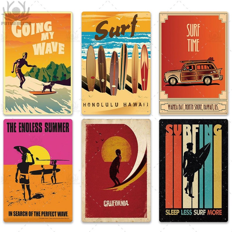Surfing Beach Summer Retro Style Metal Tin Sign Plaque Wall - Etsy