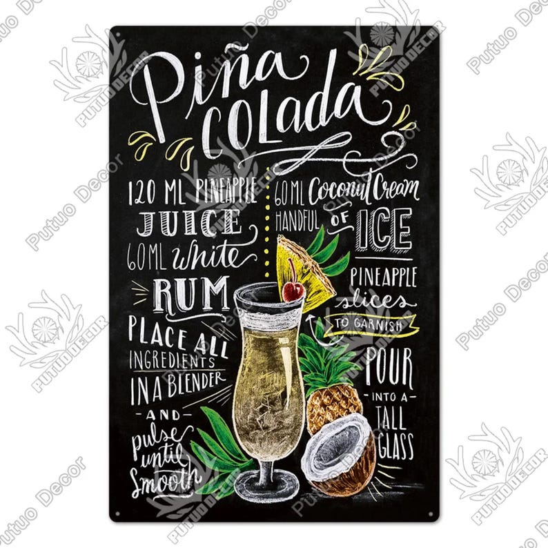 Classic Cocktail Recipes Metal Signs Brandy Alexander Long Island Iced ...