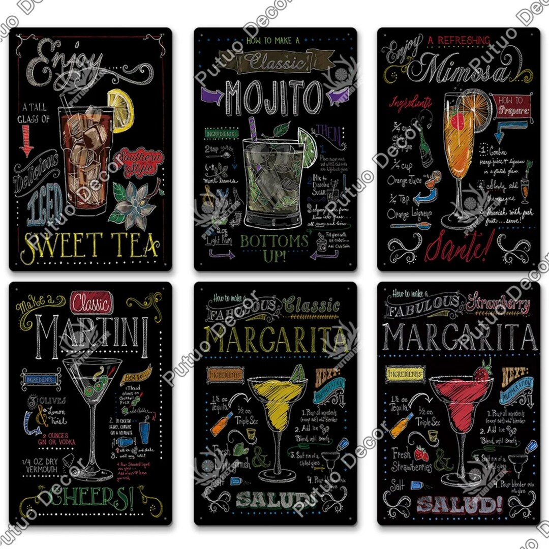 Classic Cocktail Recipe Metal Signs Sweet Tea Mojito Mimosa Martini ...