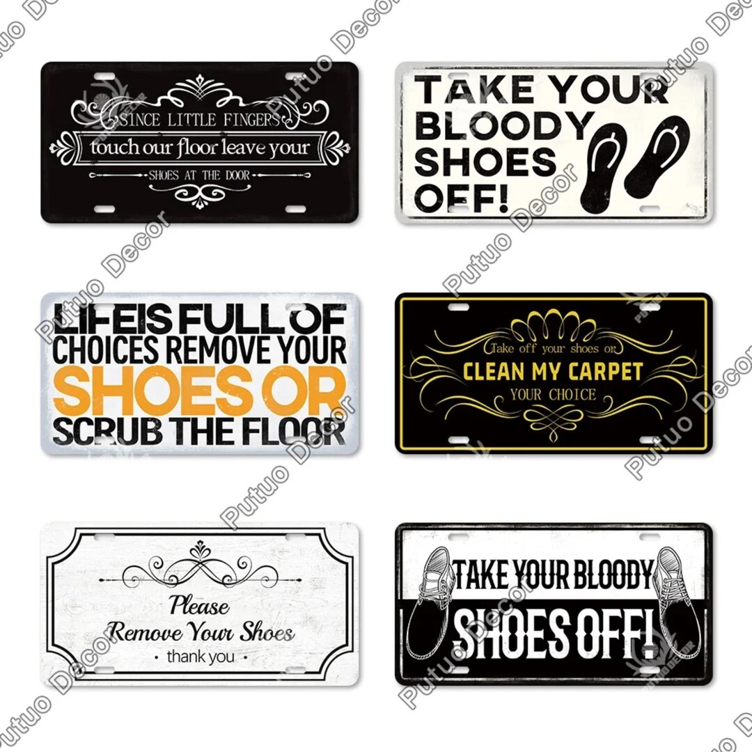 Funny Shoe Removal Signs Metal License Plate Style Wall Decor for ...
